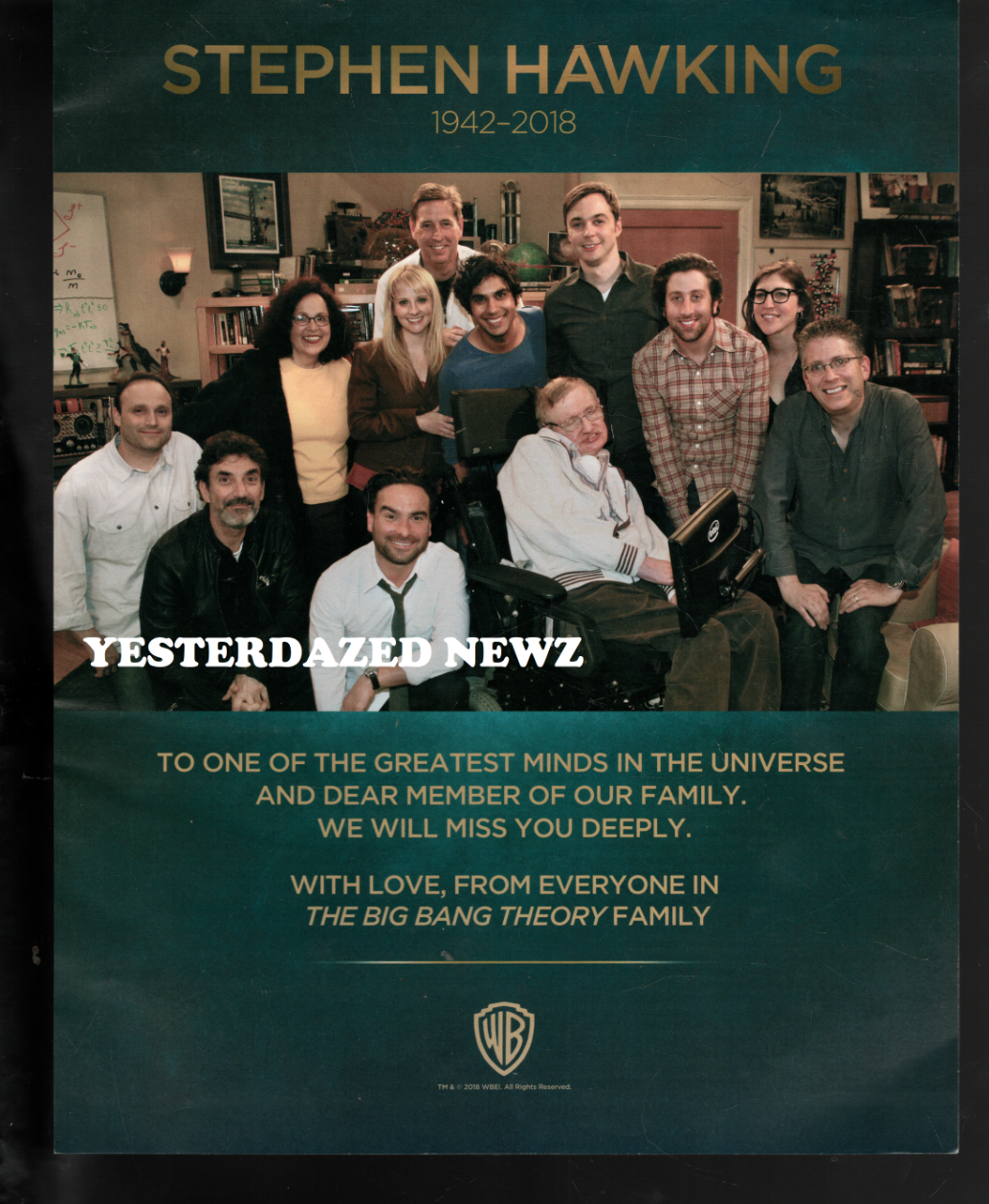 2018 print ad from cast of Big Bang Theory on death of Stephen Hawking ...
