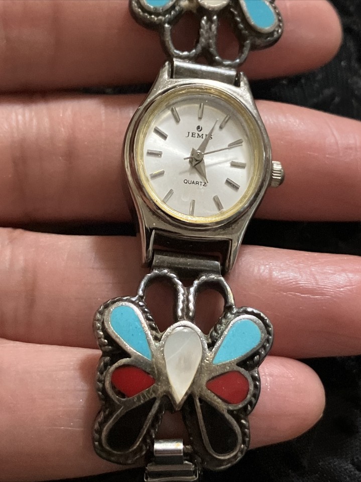 VTG Sterling Navajo Genuine Turquoise Onyx Pearl Butterfly JEMIS Watch ...