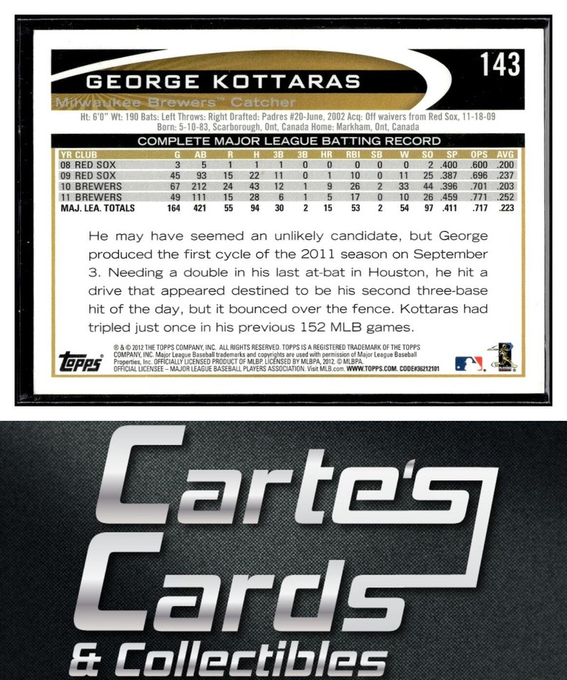 George Kottaras 2012 Topps Gold Sparkle #143 Milwaukee Brewers | eBay