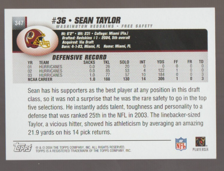 SEAN TAYLOR 2004 Topps Rookie Card #347 SP RC Set Break SEE SCANS ...
