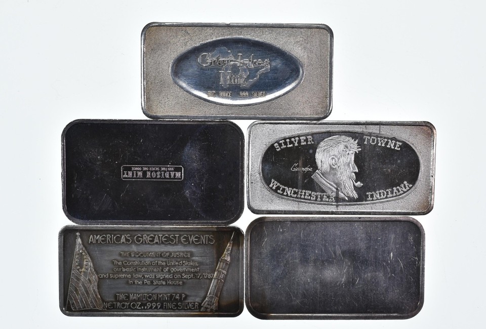Lot 5 VINTAGE 1 Oz Silver Bars/Rounds Art Bars Collection Poured .999 * ...
