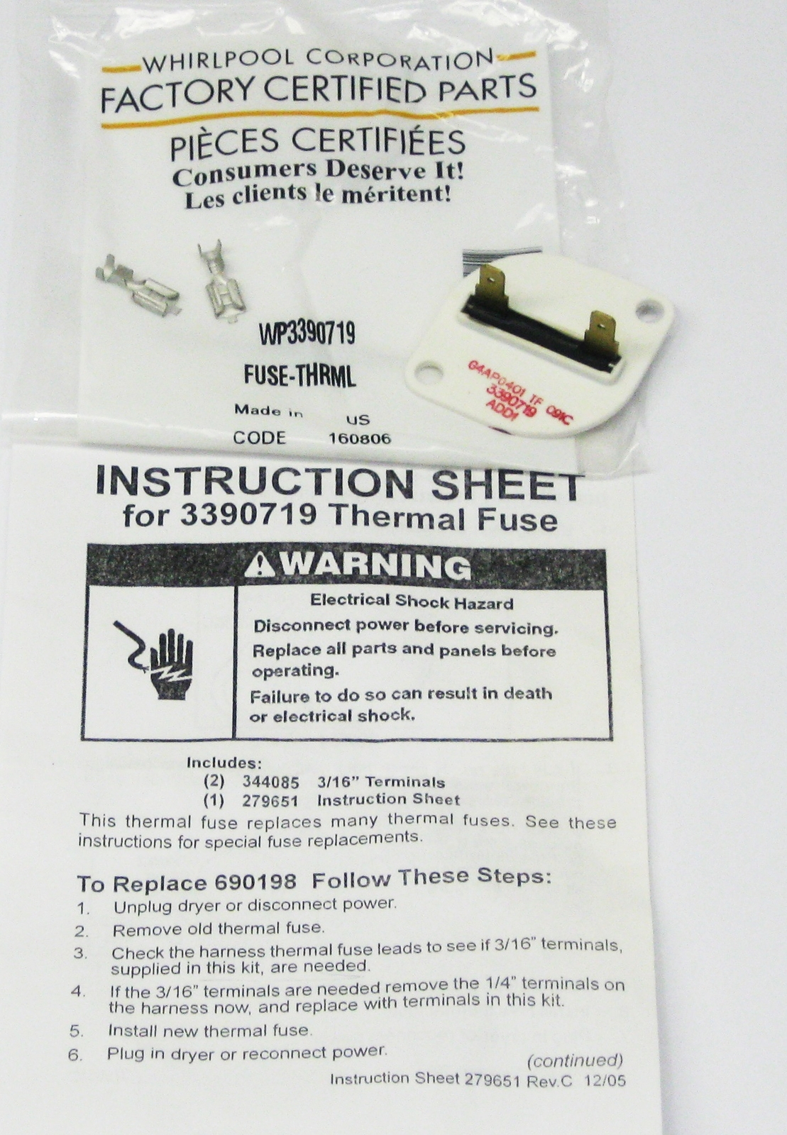 WP3390719 3390719 15-198, 279650, 3389639, 3389640 OEM Dryer Thermal ...