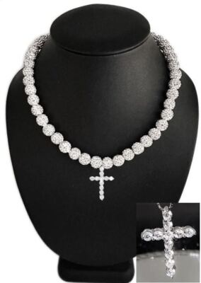 Iced Rhinestone Disco Ball Bead Baseball Drip Necklace + Silver Cross ...