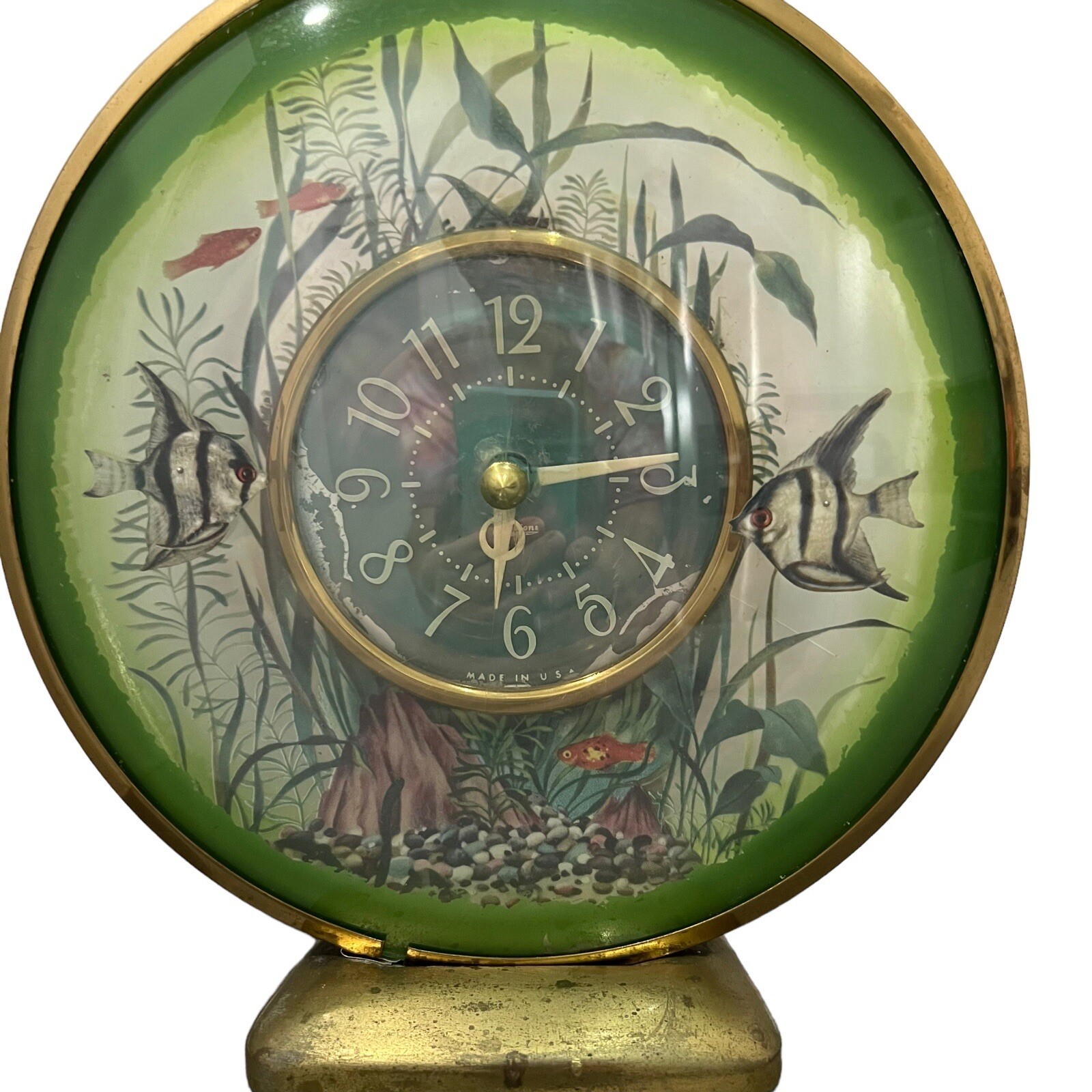 Vtg 1950's Sessions Aquarius Angel Fish Aquarium Clock Brass Base Green ...