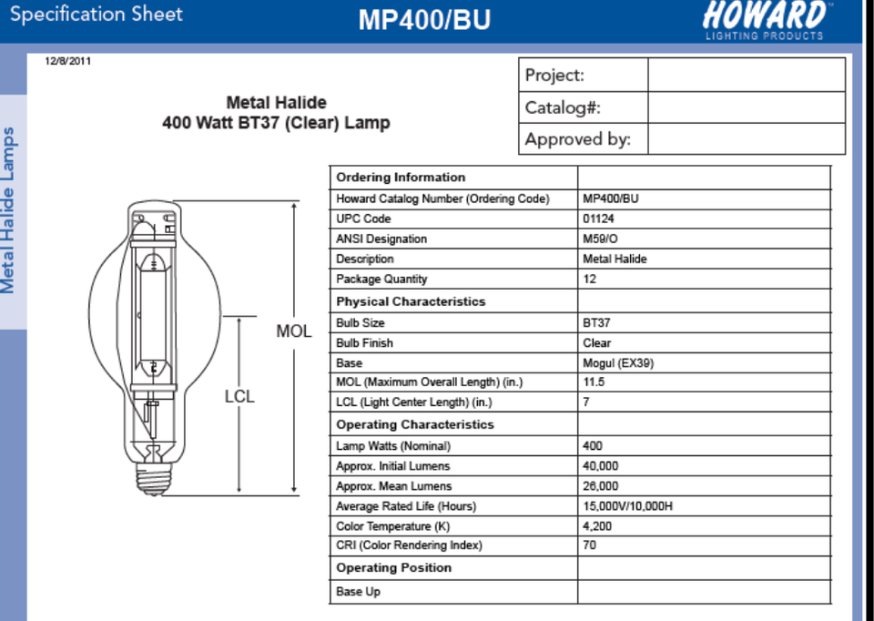 Metal Halide Lamp HOWARD MP400/BU BT37-P Clear 400 Watts EX39 Mogul ...