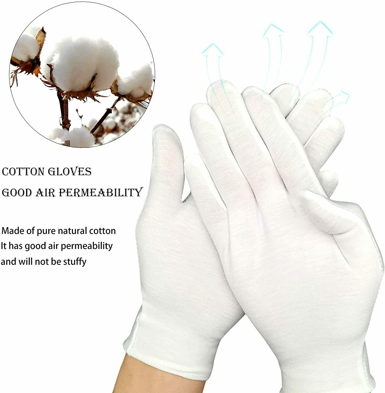 6 Pairs 100% Cotton White Gloves Dermatological Overnight Moisturising ...