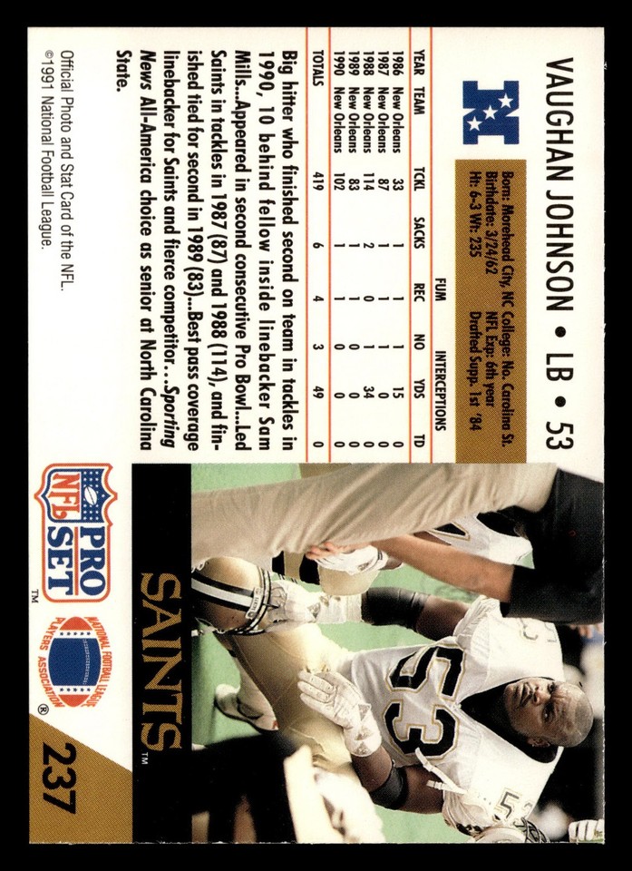 Vaughan Johnson 1991 Pro Set #237 New Orleans Saints FOOTBALL *222 | eBay