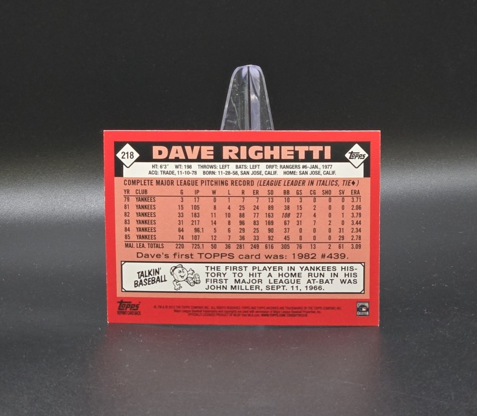 2012 Topps Archives DAVE RIGHETTI 1986 Style All-Time Fan Favorites SP ...