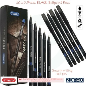 10 x 0.7mm Tip SAINO Retec BLACK Smooth Ballpoint Pens Fine Writing ...