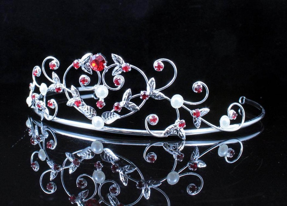 PEARL RED AUSTRIAN RHINESTONE CRYSTAL TIARA HAIR CROWN BRIDAL WEDDING ...