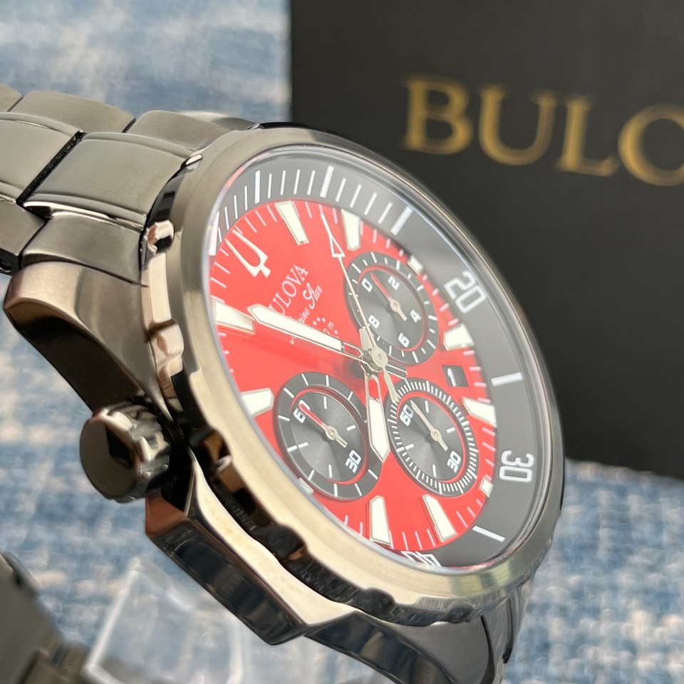 Bulova Marine Star 98B350 Red Dial Gray Stainless Steel Chronograph Men ...