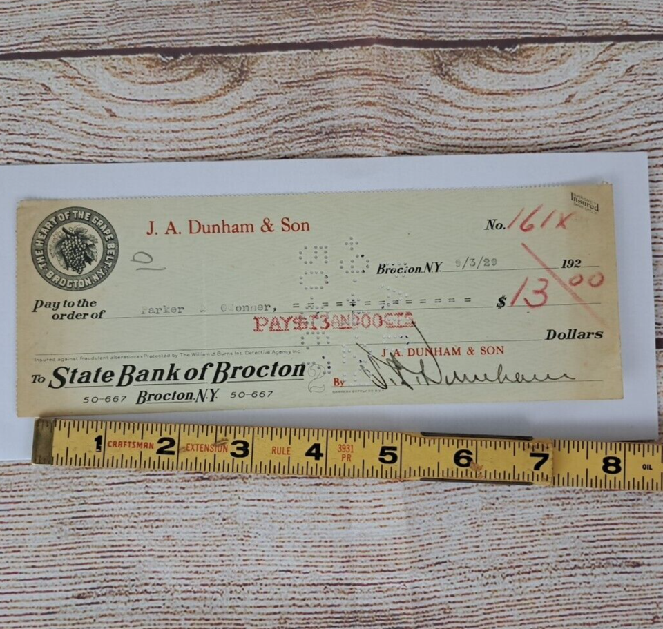 Antique Cancelled Bank Check 1929 State Bank of Brocton NY JA Dunham ...