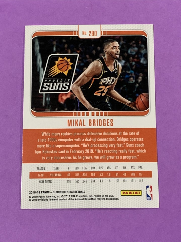 2018-19 Panini Chronicles Mikal Bridges Rookie Studio #290 Phoenix Suns ...
