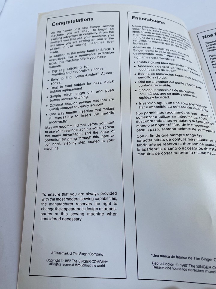 1987 Copy SINGER 1802 1852 1872 Sewing Machine Instruction Booklet ...