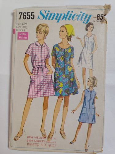 A Line Dress 20 1/2 Simplicity 7655 Sewing Pattern Cut VTG Pockets ...
