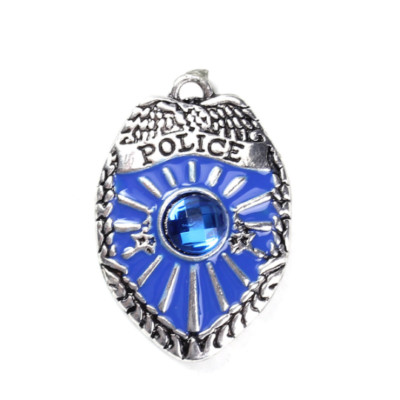 Police Badge Pendant Antique Silver Tone Blue Enamel Charm Officer 30mm ...