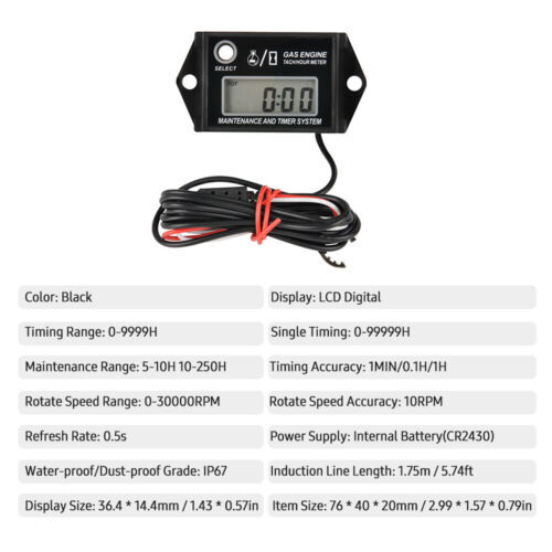 12V Tachometer Tiny Tach/Hour Meter for 2& 4 Stroke Small Engine ...