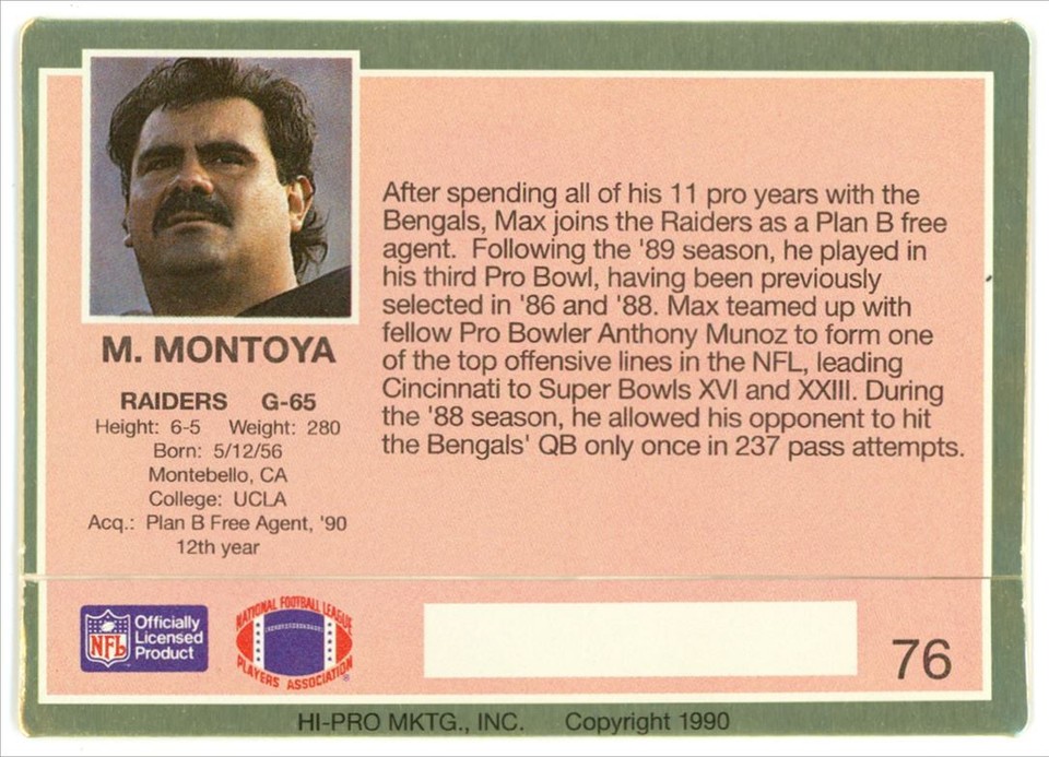 1990 Action Packed Rookie Update Max Montoya Los Angeles Raiders #76 | eBay