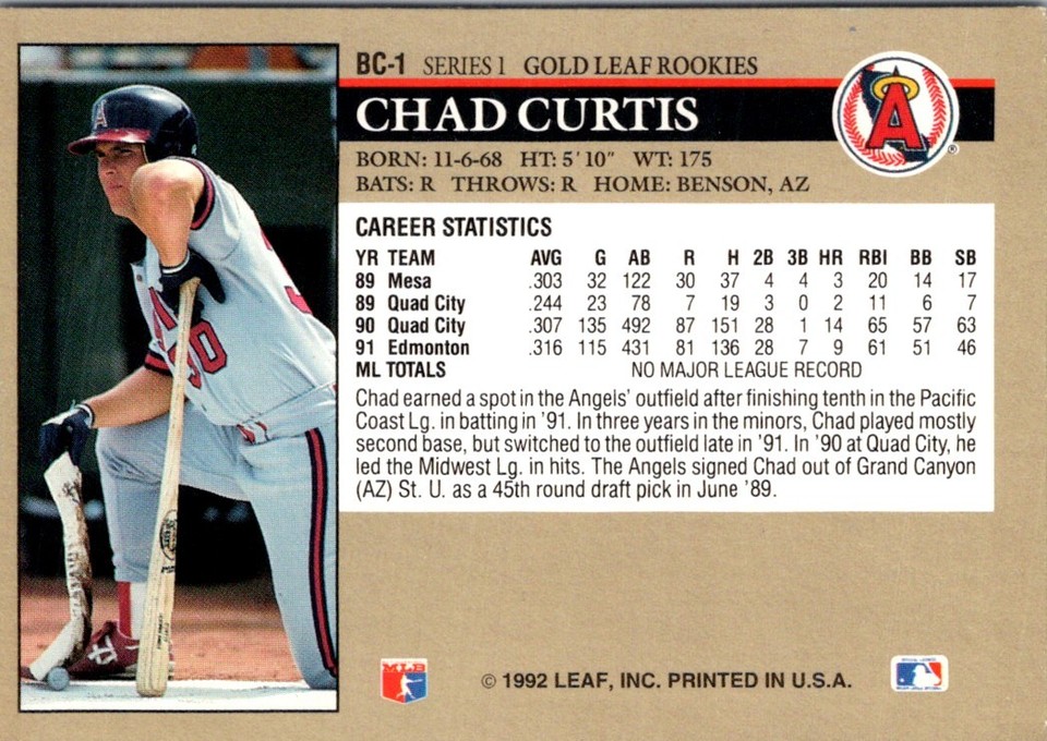 1992 Leaf Gold Rookies Chad Curtis #BC-1 California Angels Baseball ...