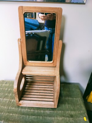 Unusual free standing unvarnished pine bathroom mirror with shelf -67cm high | eBay UK