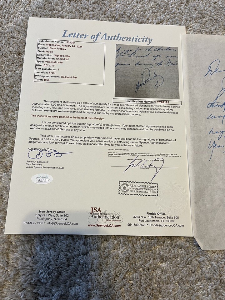 Elvis Presley Personal Signed Letter To Bob Hope With JSA Letter Of ...