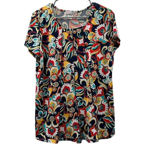 Carol Rose Navy Blue Multicolor Floral Print Short Sleeve Scoop Neck ...