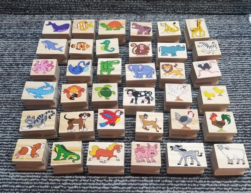 Lot Animal Used 36 Wooden Stamps Farm Zoo Domestic Reptile Ocean Bird ...