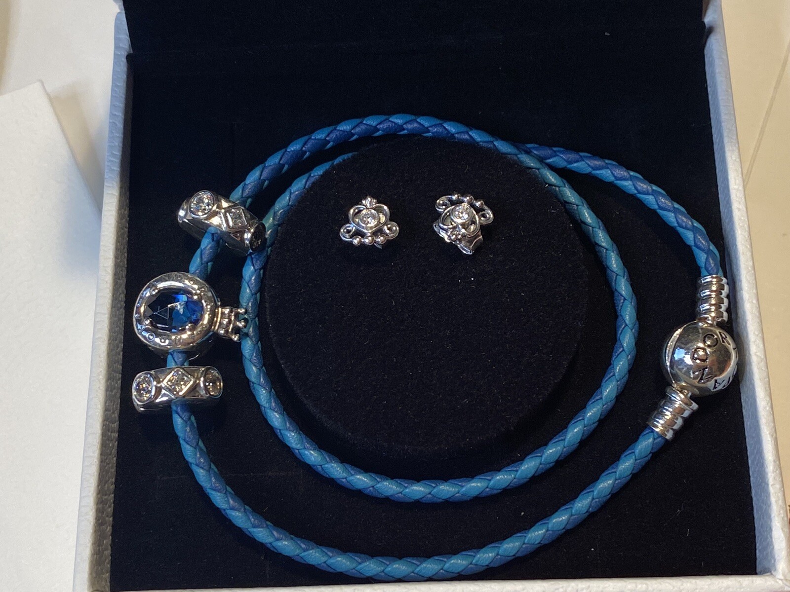 My Princess PANDORA Blue Braided Bracelet, 3 Charms, Ear Rings and Gift ...