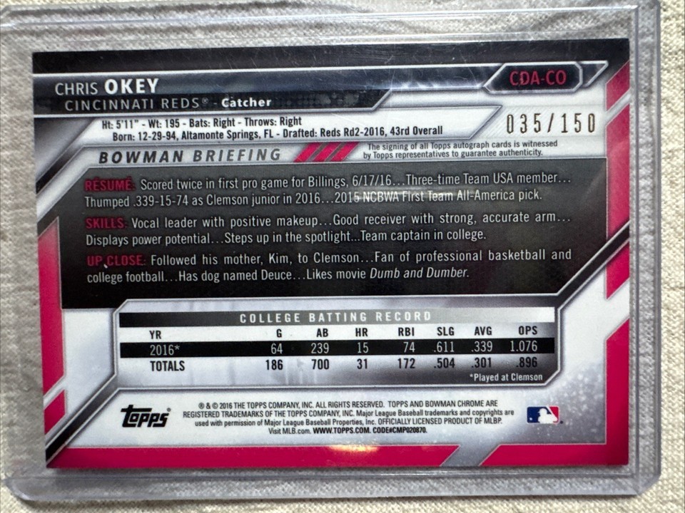 2016 Topps Bowman Chrome Auto Chris Okey 35/150 | eBay