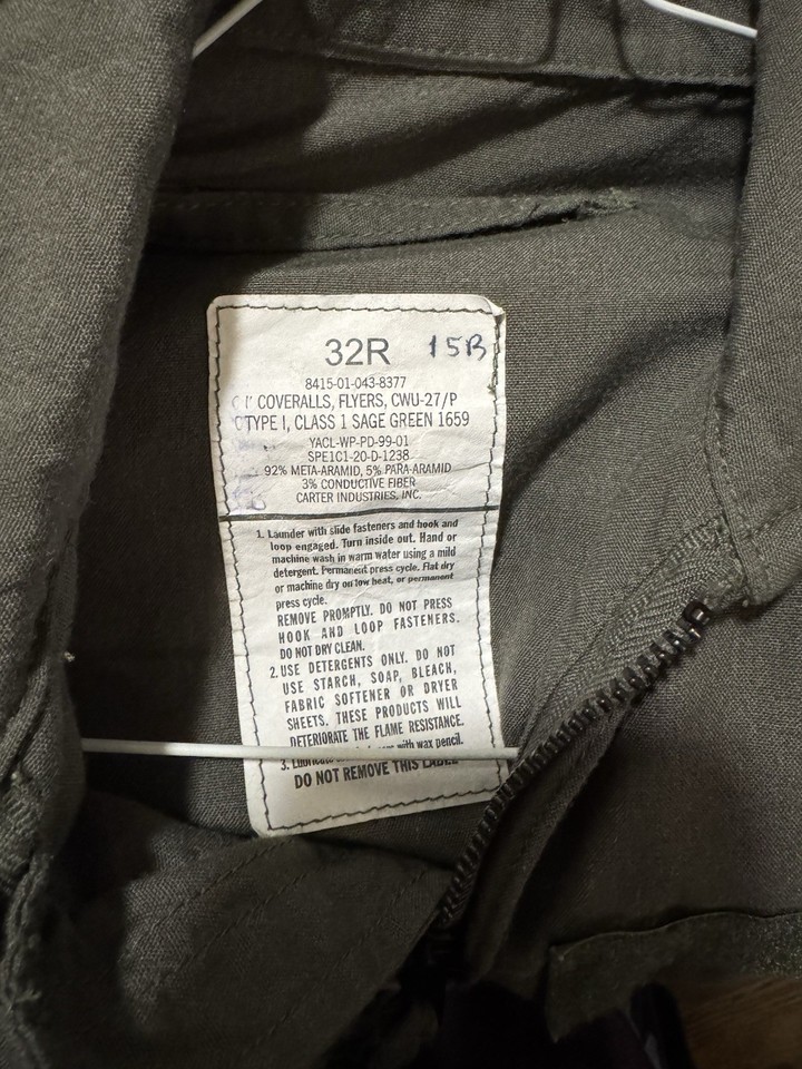 USGI CWU-27/P Flyers Fire Resistant Coveralls Flight Suit Sage Green ...