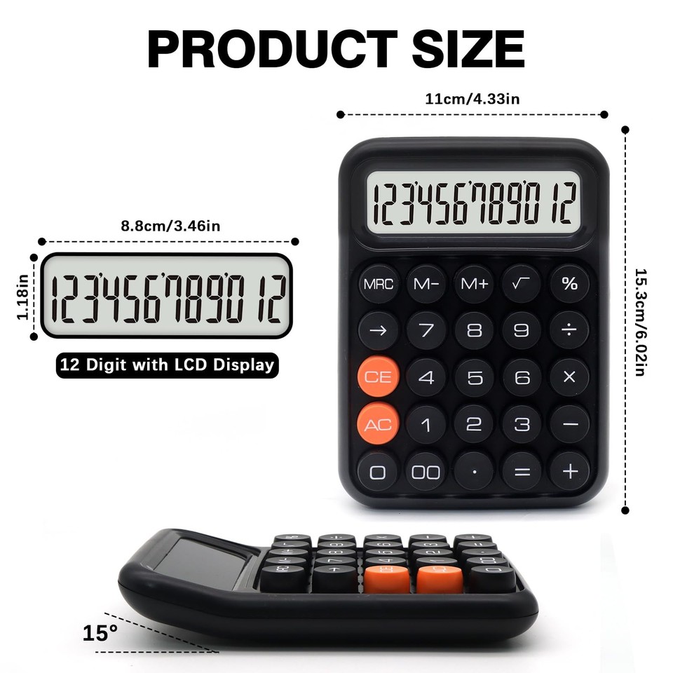 Black Calculator, Standard Calculator,12 Digit Display and Big Buttons ...