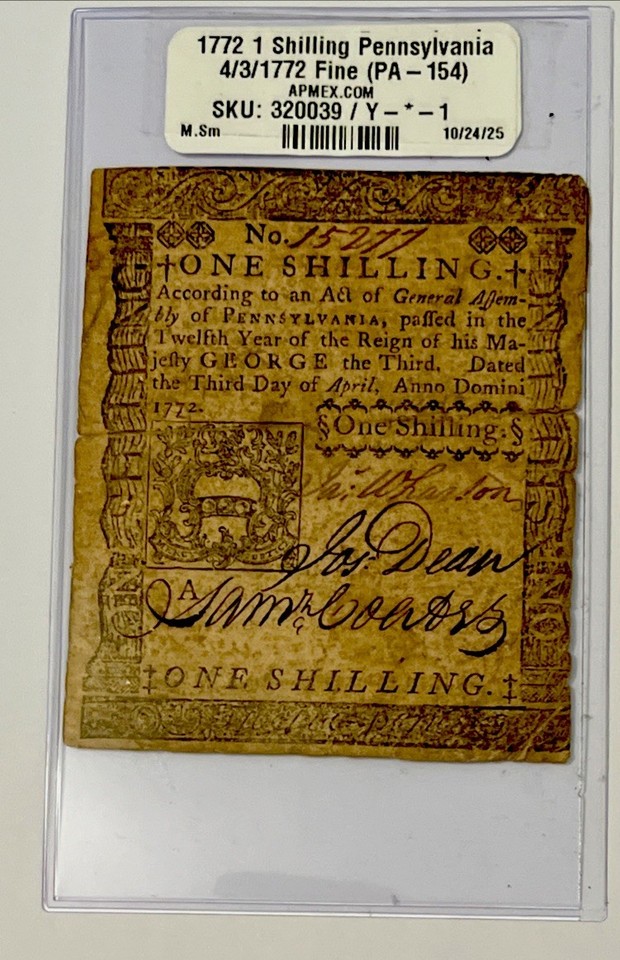 1772 PENNSYLVANIA 4/3/1772 1 Shilling American Revolution Colonial Note ...