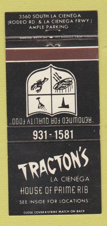 Matchbook Cover - Tracton's House of Prime Rib Los Angeles CA 30 Strike ...