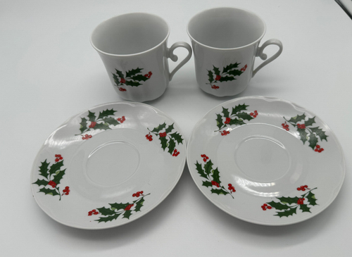 (2) Apulum Romanian Christmas Coffee Tea Cup w Saucer Holly Leaf ...