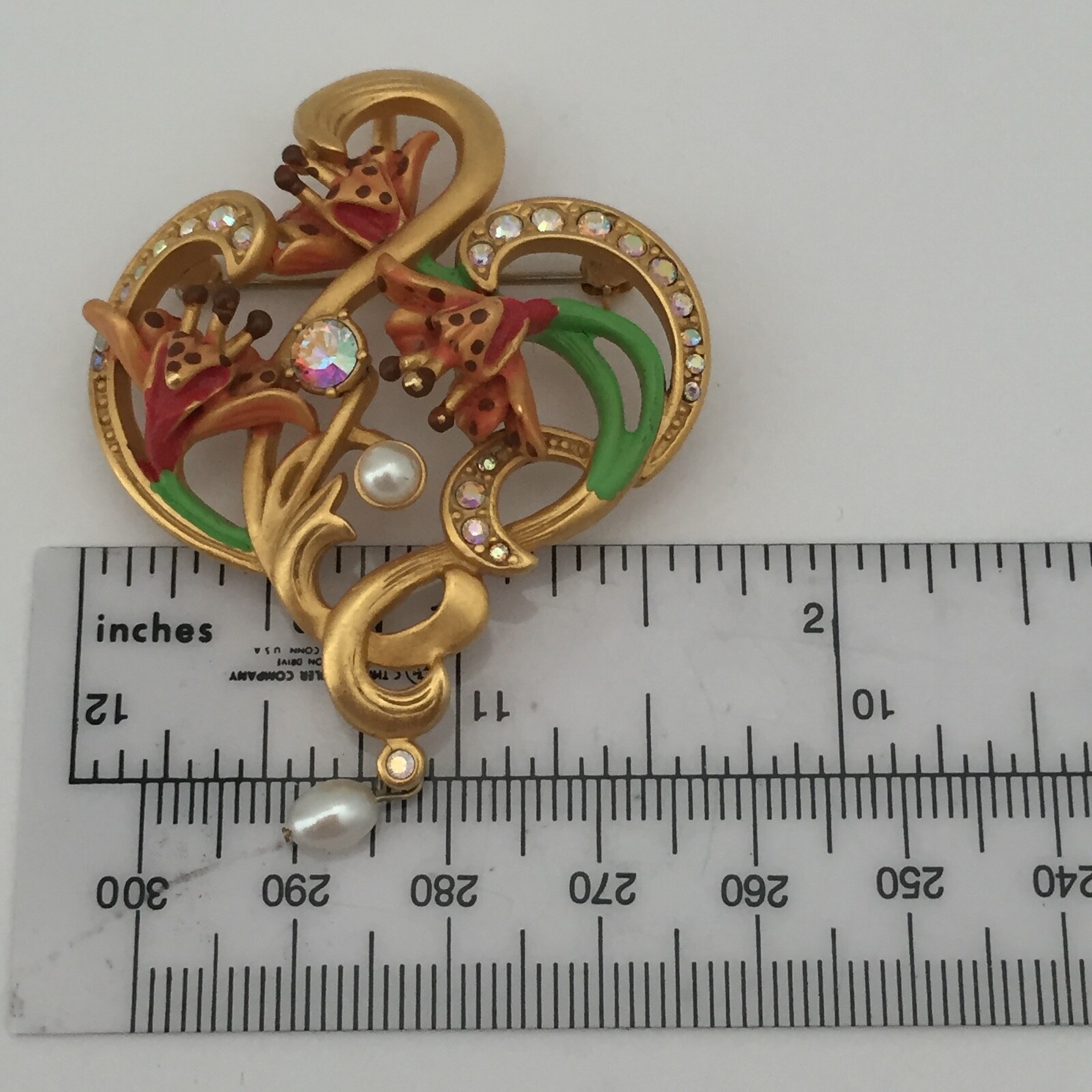Joan Rivers Brooch Pin Flowers Matte Gold Crystals Tiger Lily Pearls ...