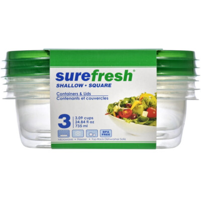 3 PACK of Sure Fresh 3cup, 24oz Shallow Square Plastic Food Containers ...