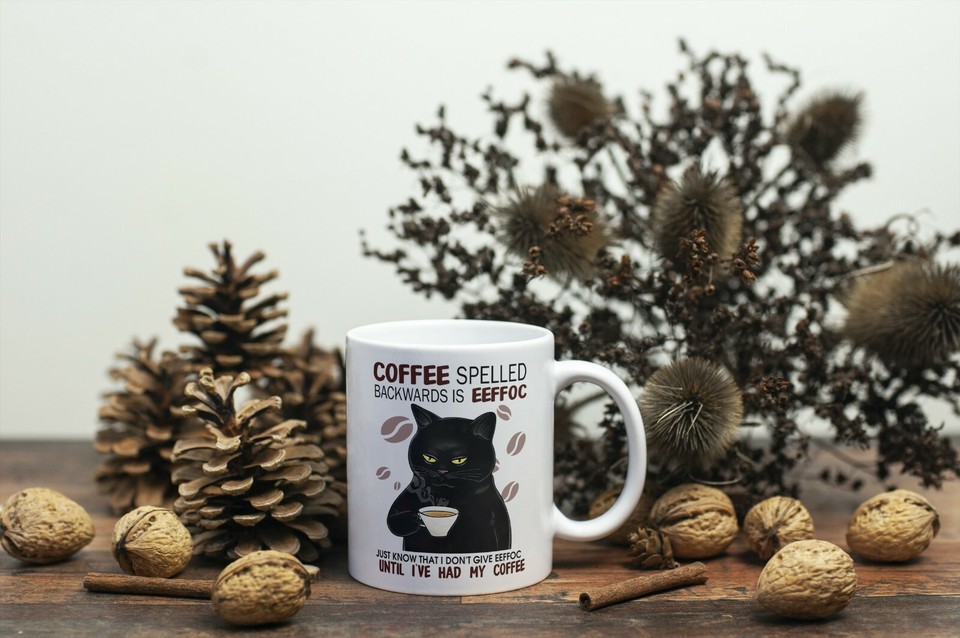 FUNNY COFFEE CAT MUG EEFFOC IS COFFEE SPELLED BACKWARDS 11 OZ CUTE CUP ...