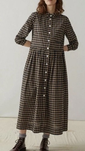 TOAST Japanese Cotton Check Collared Shirt Dress Size UK 10-Dark Navy ...