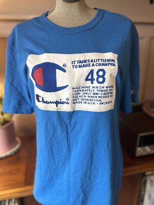 Vintage 90's Blue Champion Blue Bar 48 Size Tag LOGO Cotton T-shirt ...