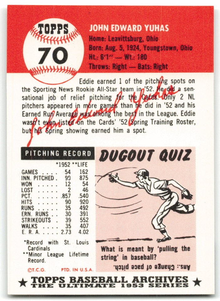 1991 Topps Archives 1953 #70 Ed Yuhas Bio black text St. Louis ...