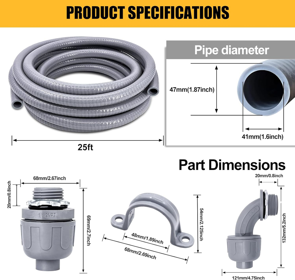 1-1/2 inch 25 Foot Liquid-Tight Conduit Kit, Flexible Non Metallic ...
