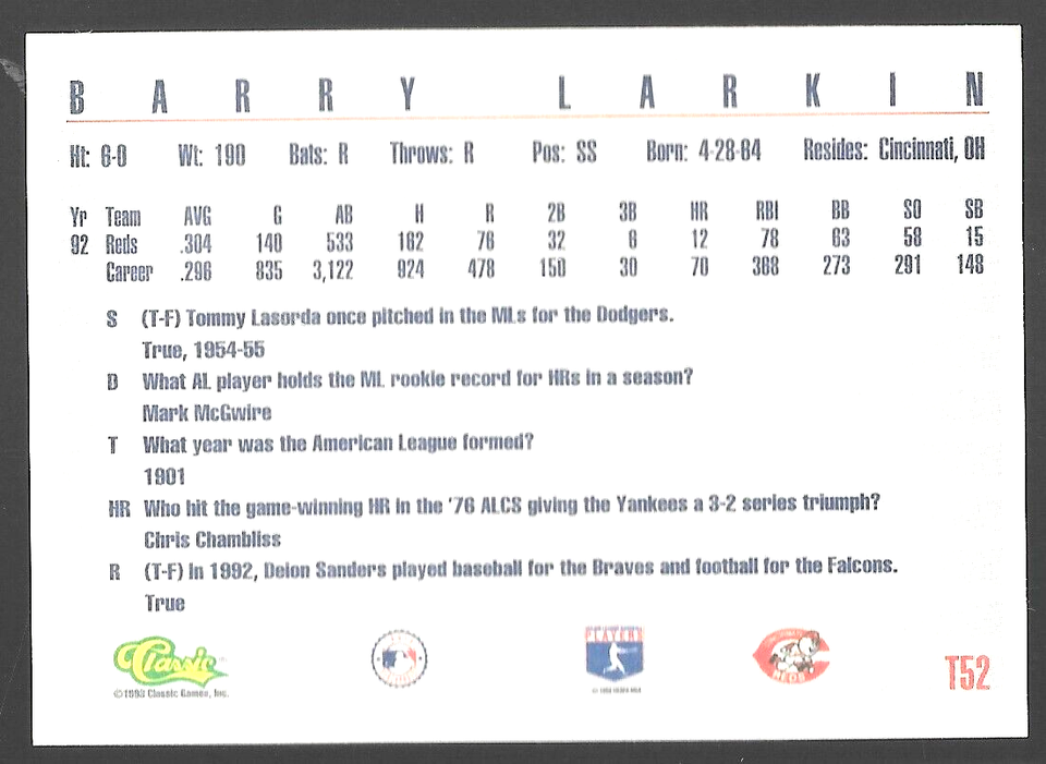 1993 Series Classic Barry Larkin T52 Trivia Game Cincinnati Reds | eBay