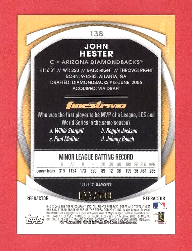 2010 TOPPS FINEST (BB) John Hester SP REFRACTOR PARALLEL RC CARD #138 # ...