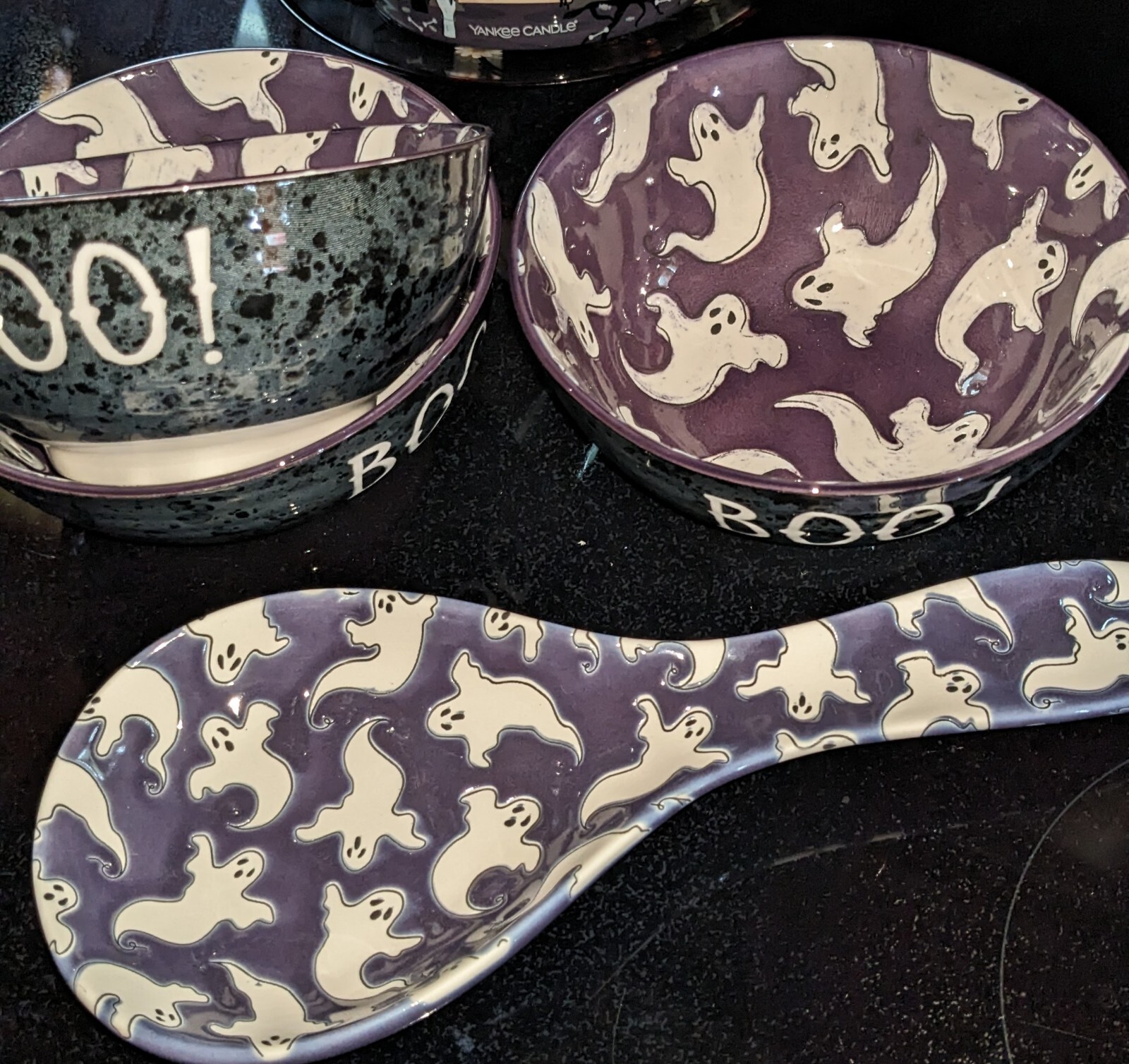 Prima Design (3) 6"W x 2.75"H Bowls & Spoon Rest Ghost Design With "BOO ...