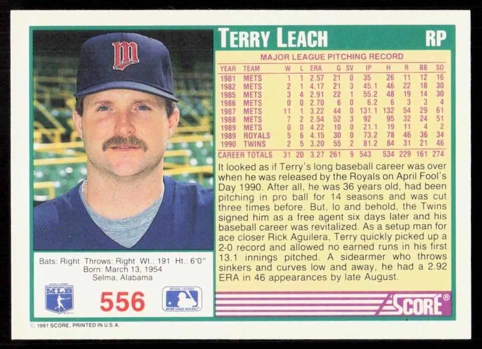 1991 Score 556 Terry Leach Minnesota Twins | eBay