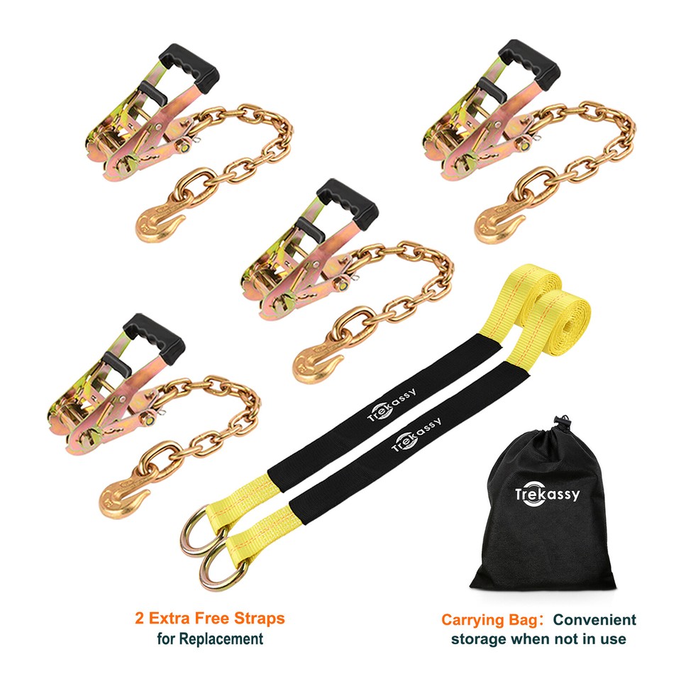 Premium 4 Pack Lasso Car Trailer Tie Down Ratchet Straps With 16" Chain ...