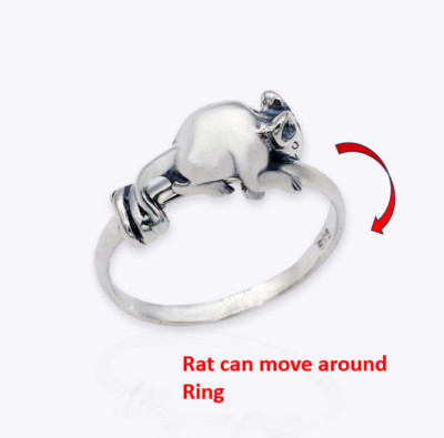 SOLID 925 Sterling Silver Animal Rat Mouse Movable Around the Ring ...