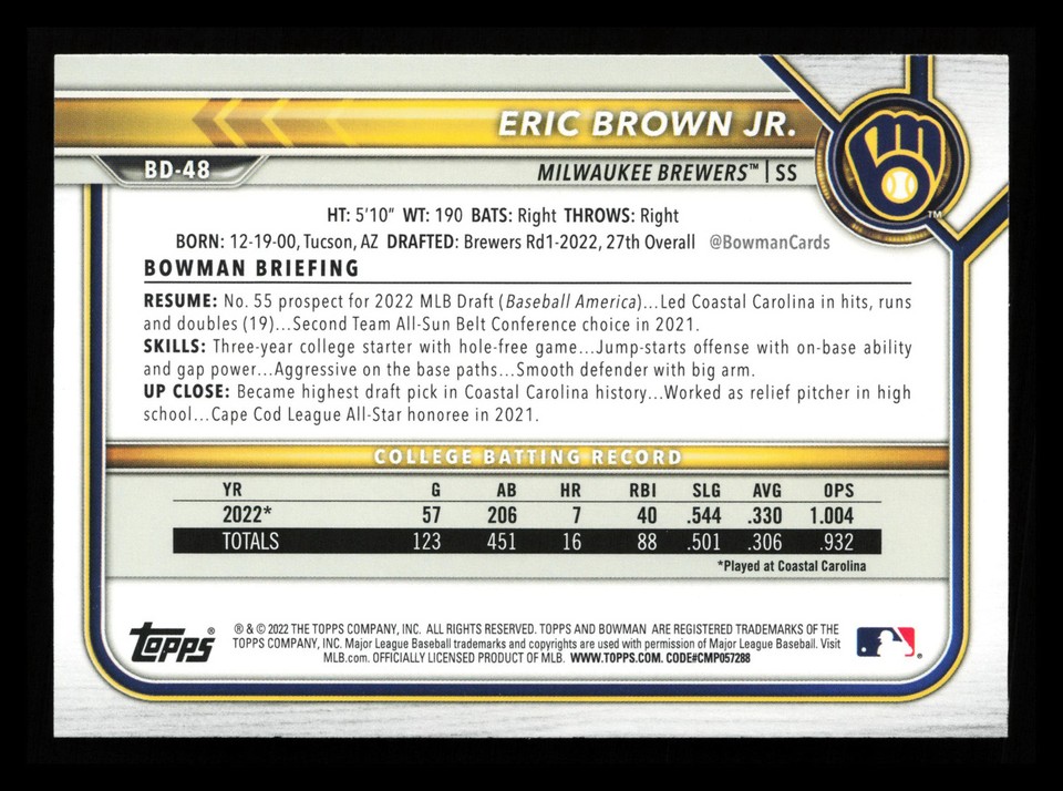 Eric Brown Jr. 2022 1st Bowman Draft #BD-48 Brewers Rookie R5 | eBay