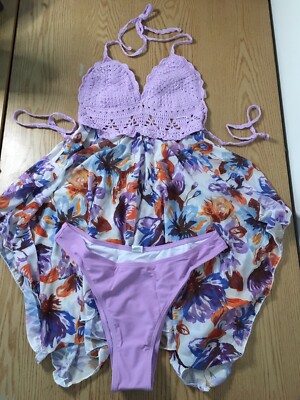 New Women’s Boho Crochet 2PC Tankini Swimsuit Bikini Lilac Lavender ...