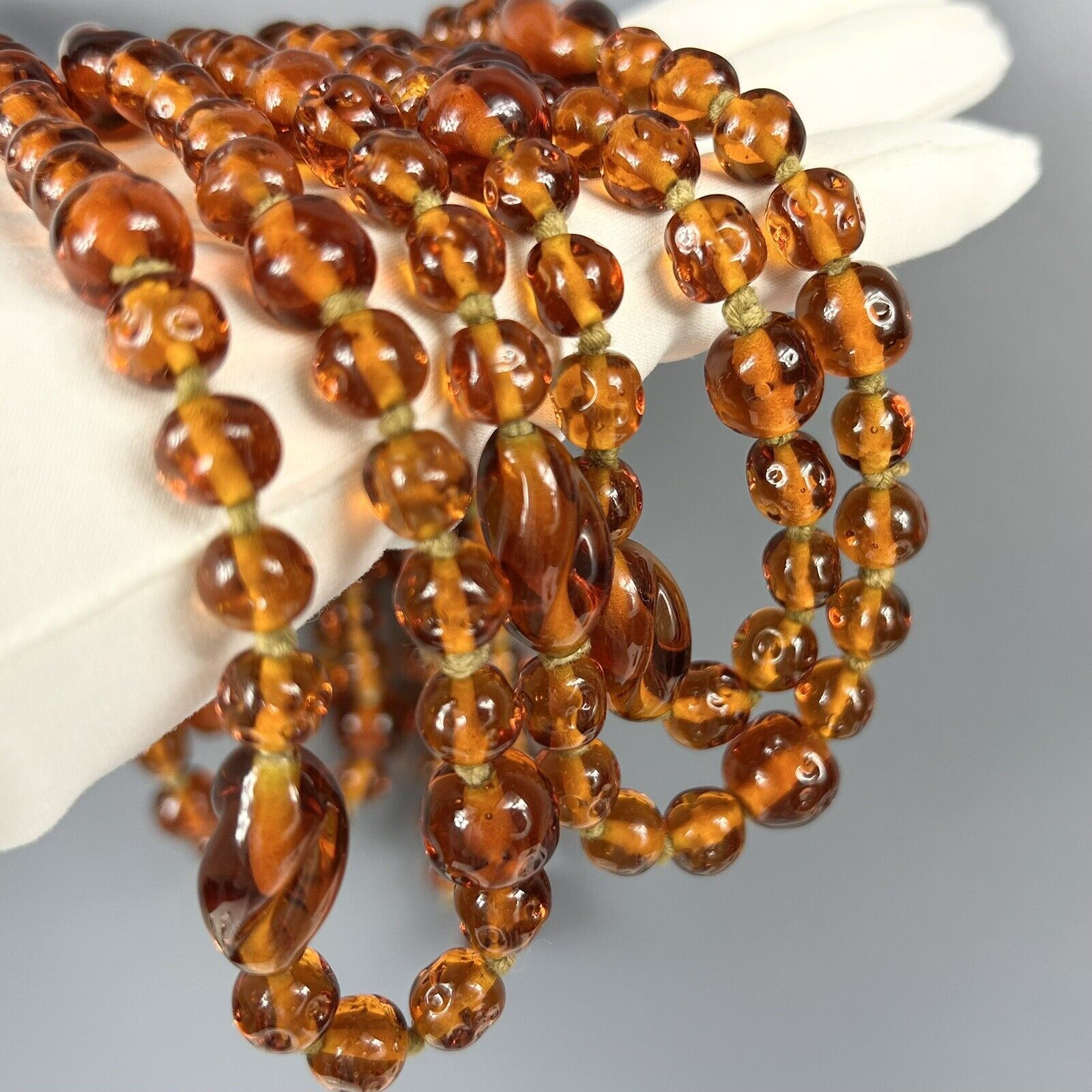 Vintage Amber Glass Bead Flapper Necklace Hand Knotte… - Gem